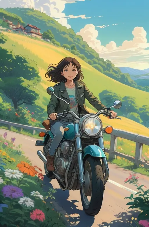 2d studio ghibli anime style, girl on motorcycle, an...