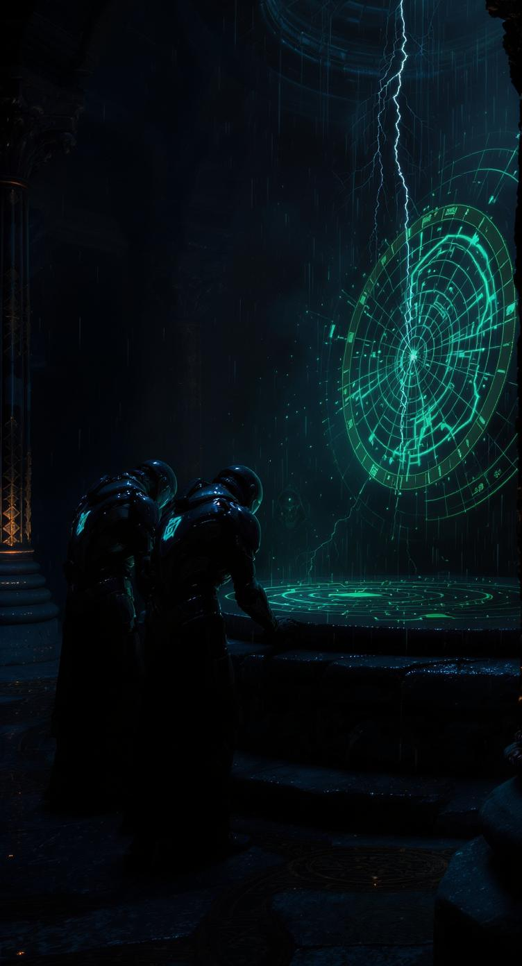 Priests wearing futuristic exoskeleton suits studyin...