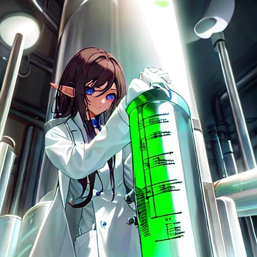 dark hair elf with white lab coat that is cleaning a...
