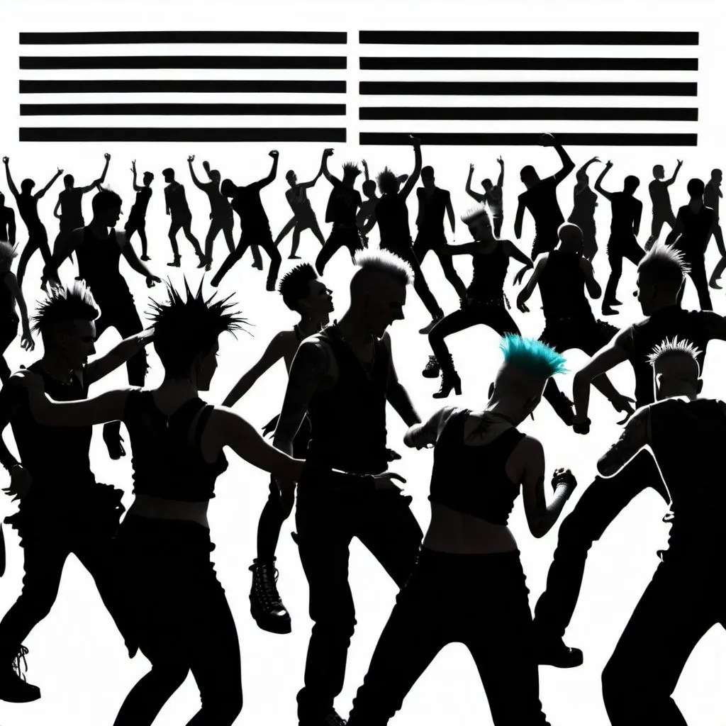 A huge group of punk dancing in front of a totally w...