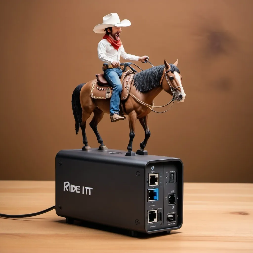 a computer router wearing a cowboy hat, riding a hor...
