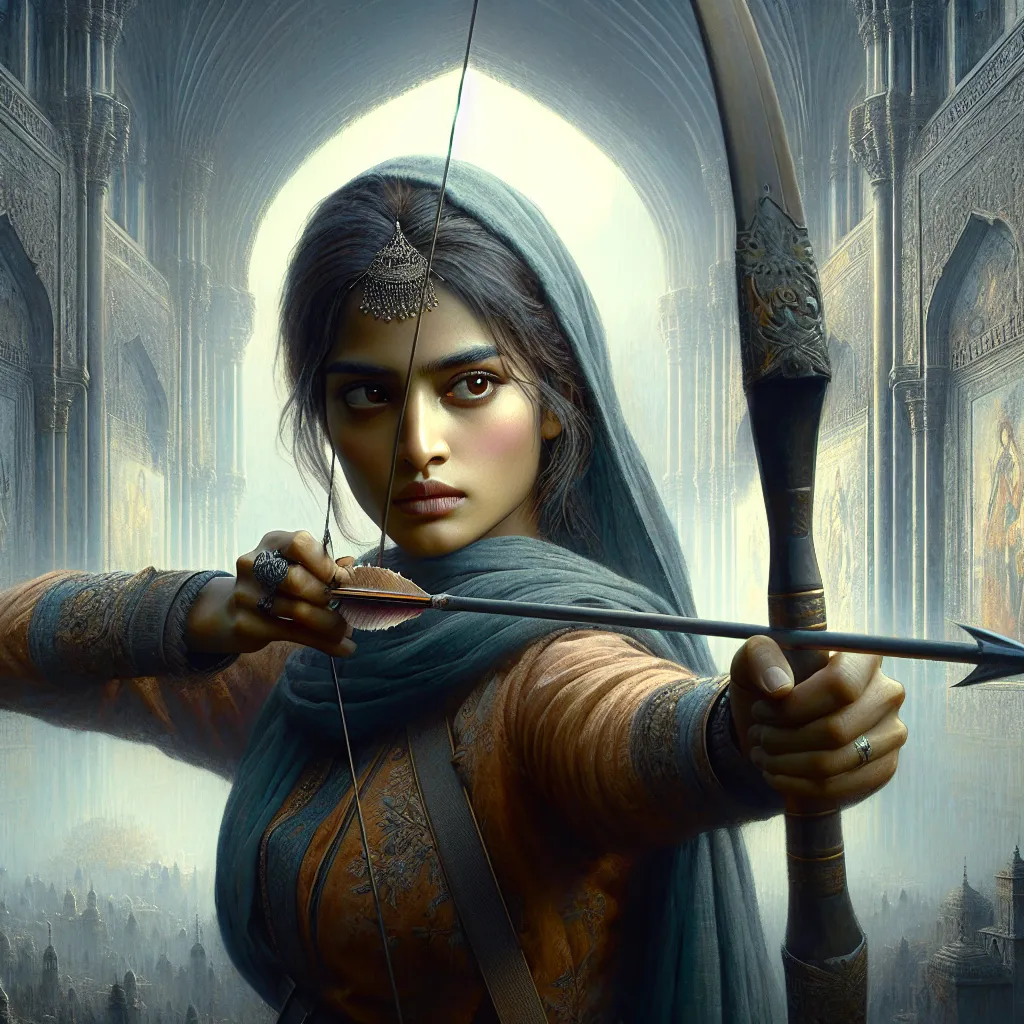 Archer aiming bow and arrow, gothic architecture wit...