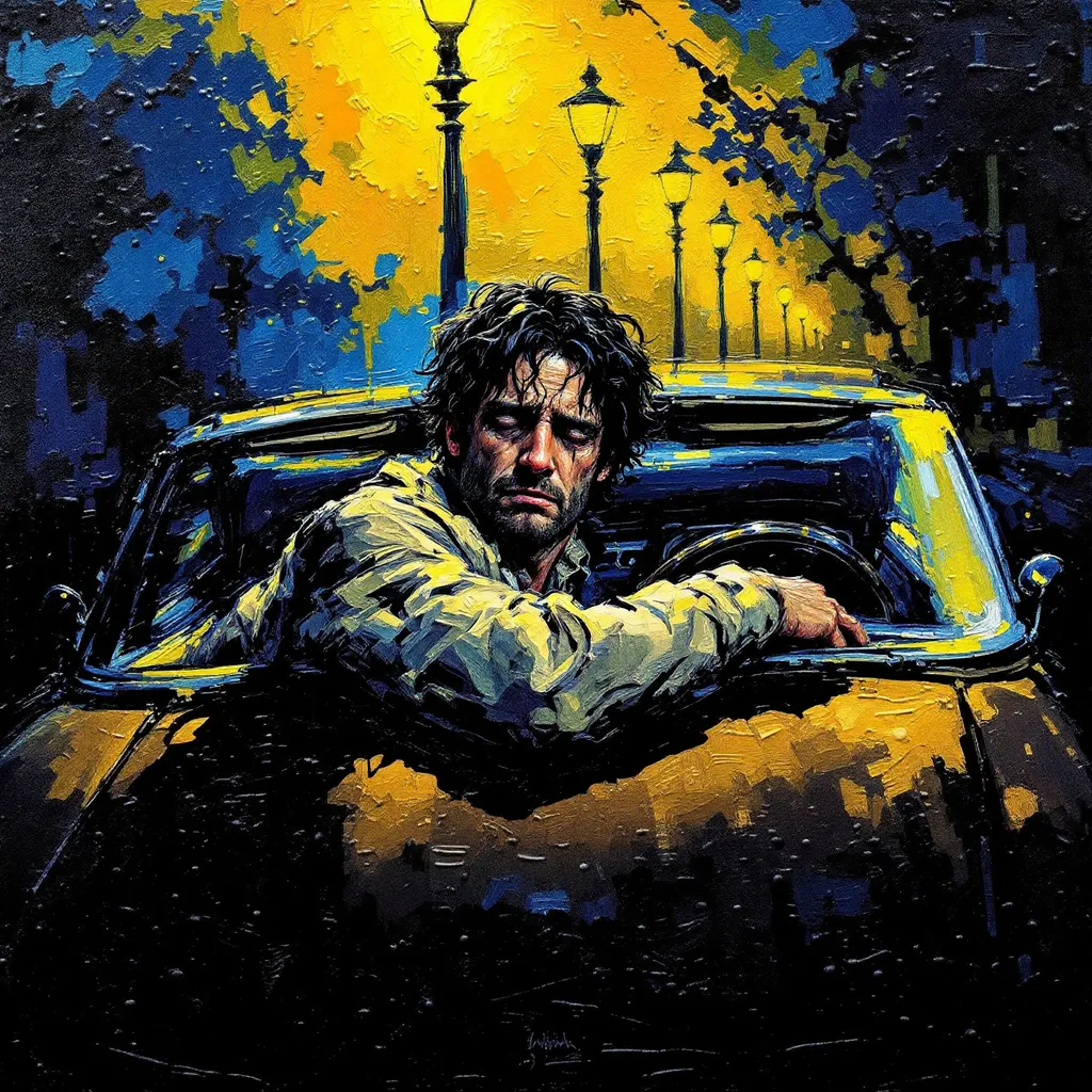 Thick impasto oil painting, sad devastated man slump...