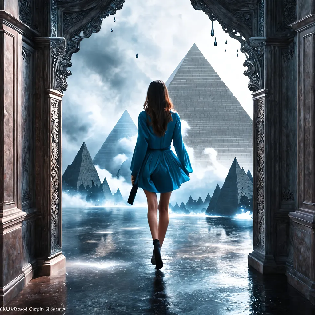 beautiful woman walking into a fantasy realm through...