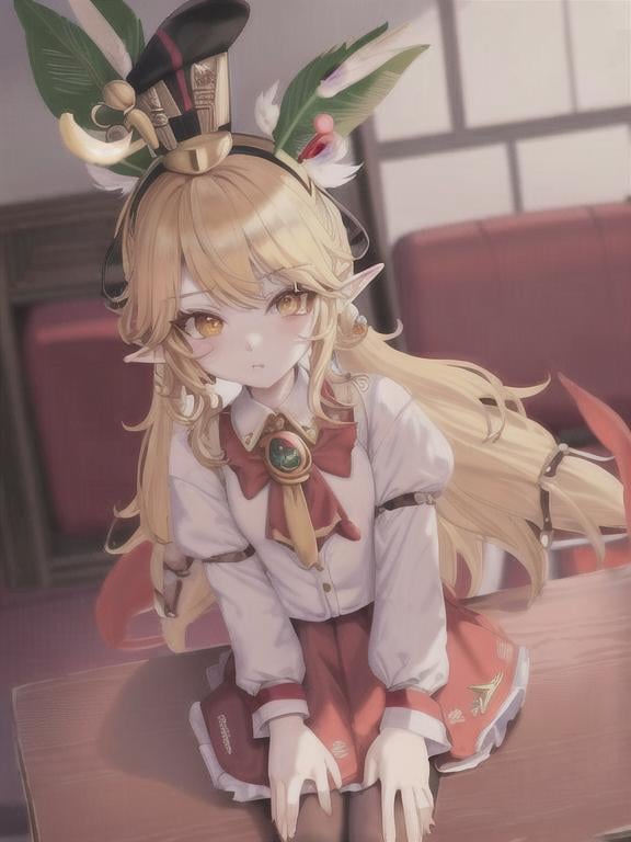 chibi elf girl with a tender face, sitting in front...