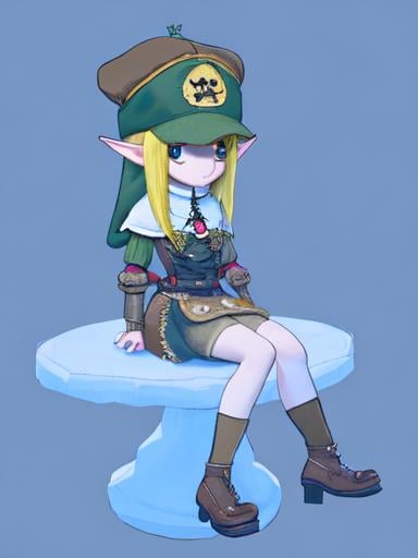 chibi elf girl with a tender face, sitting in front...