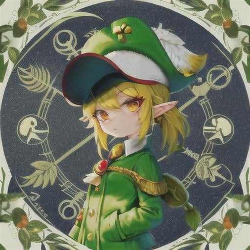 chibi elf girl with a cute face, yellow hair, big re...