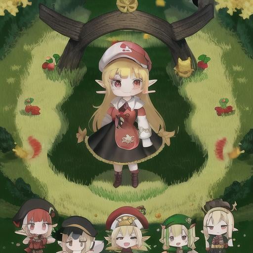 chibi elf girl with a cute face, yellow hair, big re...