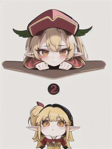 chibi elf girl with a tender face, sitting in front...