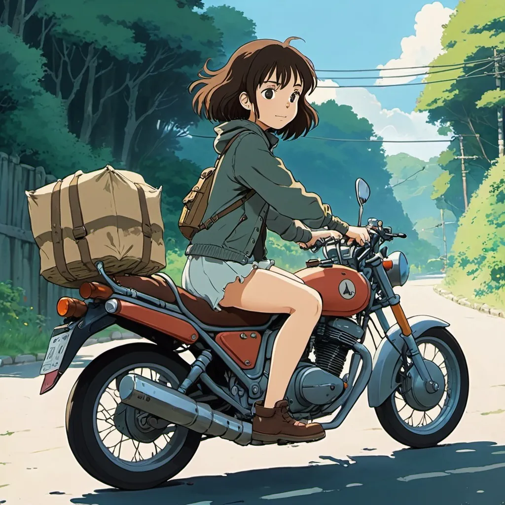 2d studio ghibli anime style, girl on motorcycle, an...