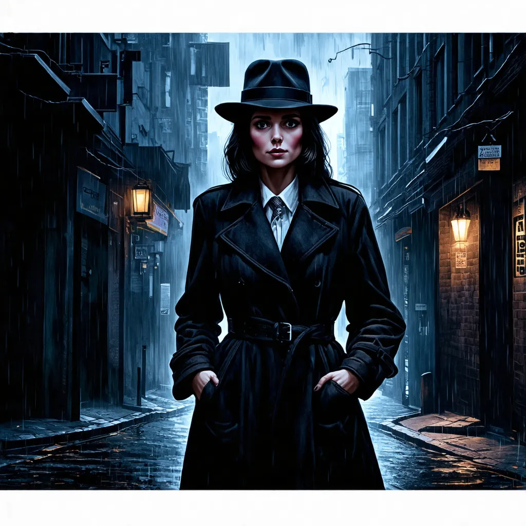 Film noir-style digital painting of a mysterious det...