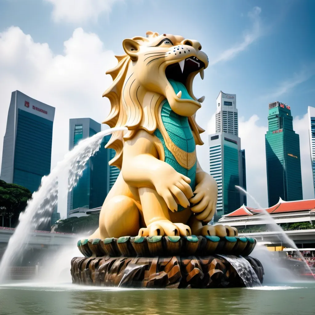 singapore merlion spitting out water from mouth adn...