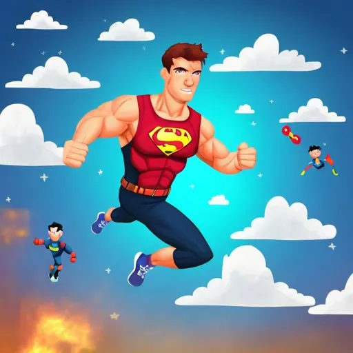 busy dad superhero working out. flying in the sky. a... | OpenArt