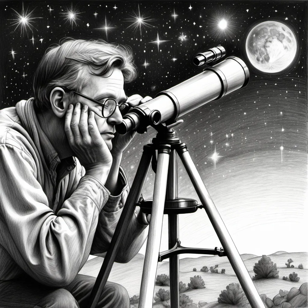 Pencil drawing of an astronomer looking at the stars...