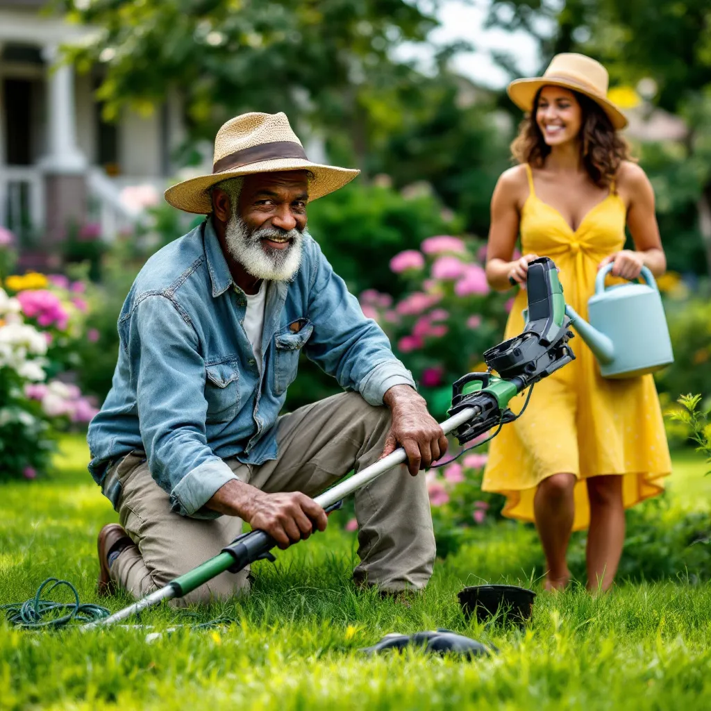 black gardener, gardening house lawn with tool new b...