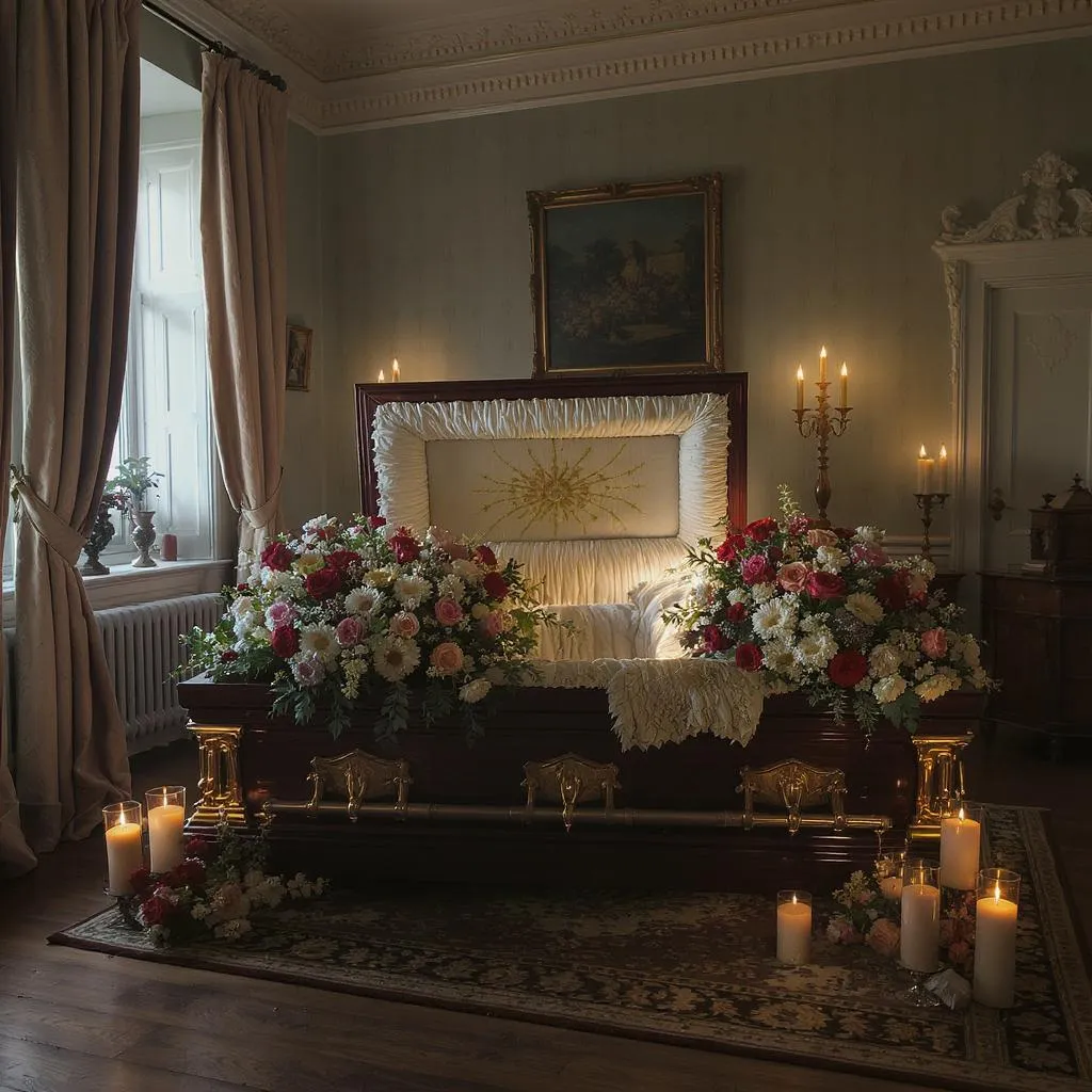 an old vintage casket in an open funeral parlor with...