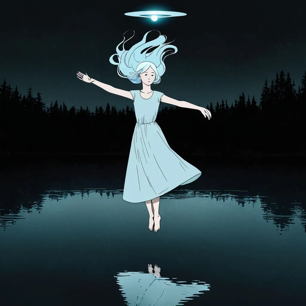 levitating girl with light blue hair on A DARK LAKE