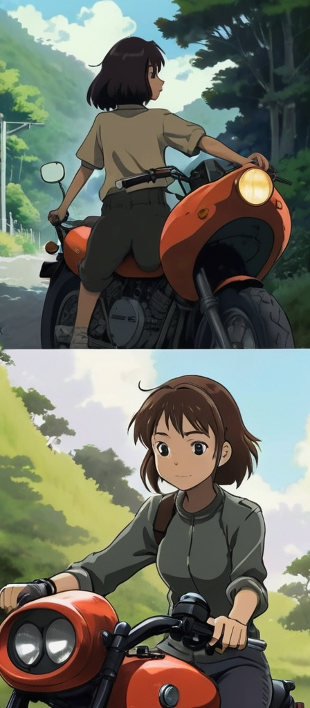2d studio ghibli anime style, girl on motorcycle, an...