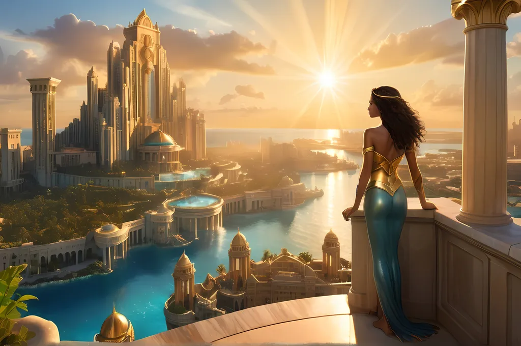 A panoramic view of the mythical city of Atlantis at...