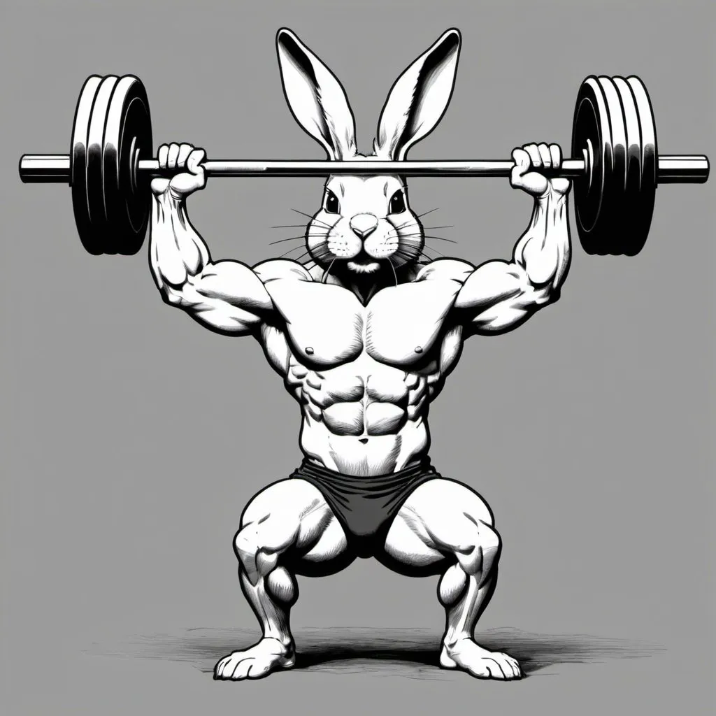 Black and white drawing of a muscular rabbit. He is...