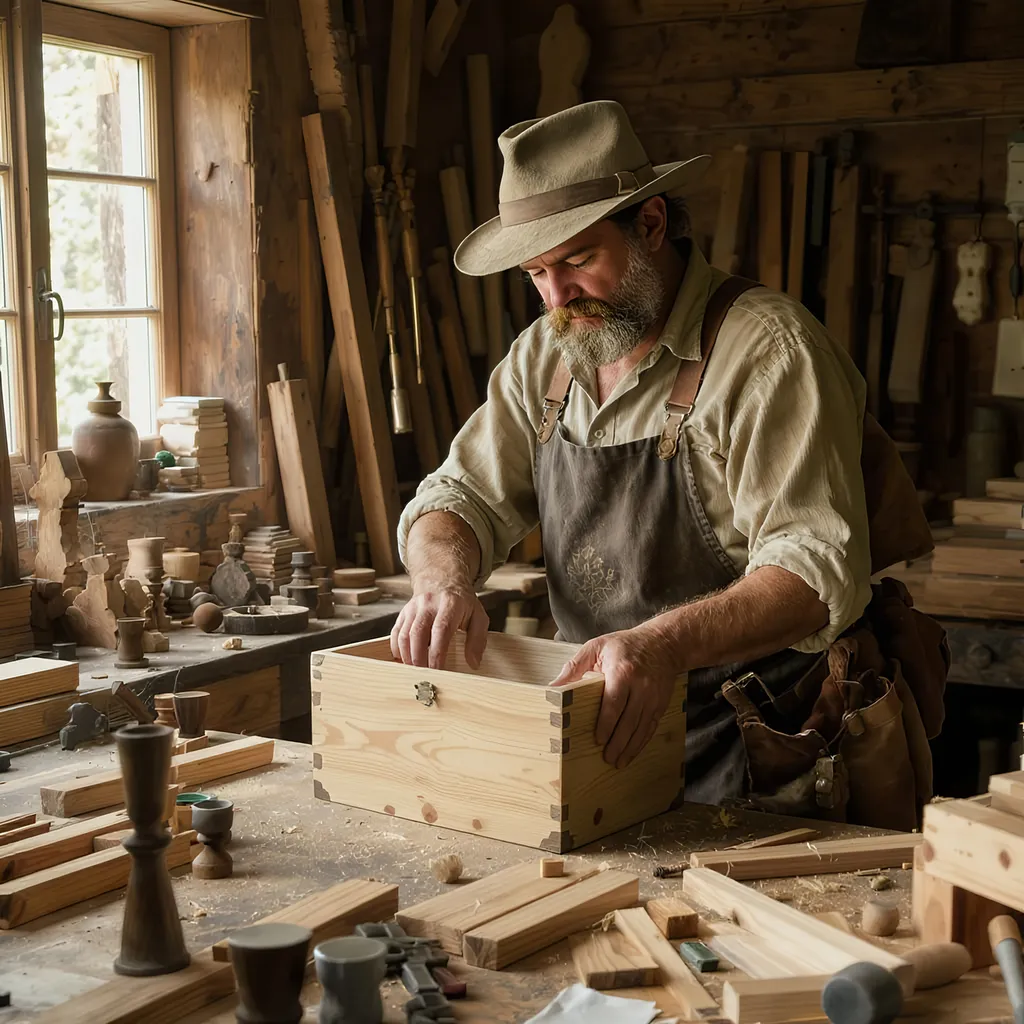 Old time english woodworker making a toybox