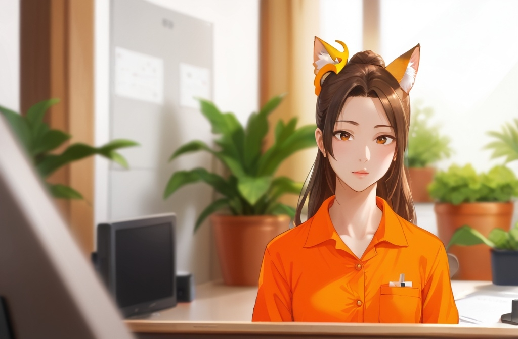 a woman wearing an orange shirt and a cat ears headp...