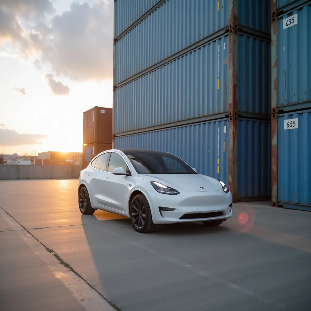 Hight quality photo style, white Tesla Model Y parke...