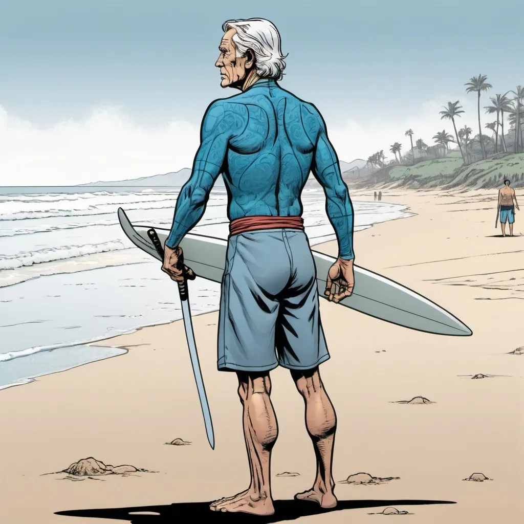 Comic book illustration of a 70-year-old surfer, tri...