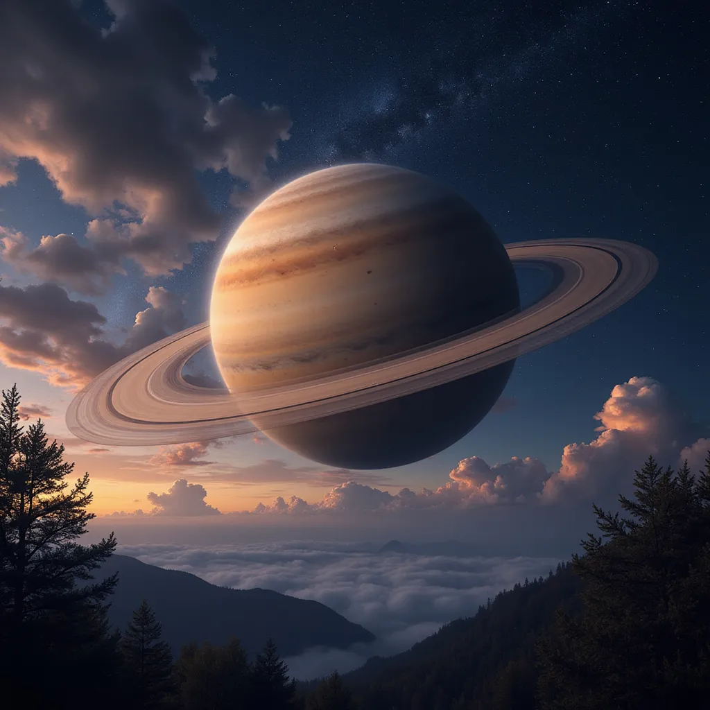 epic view of Saturn from Earth, detailed rings with...