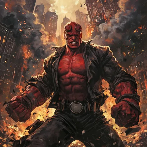Hellboy engaged in an epic battle, apocalyptic citys...