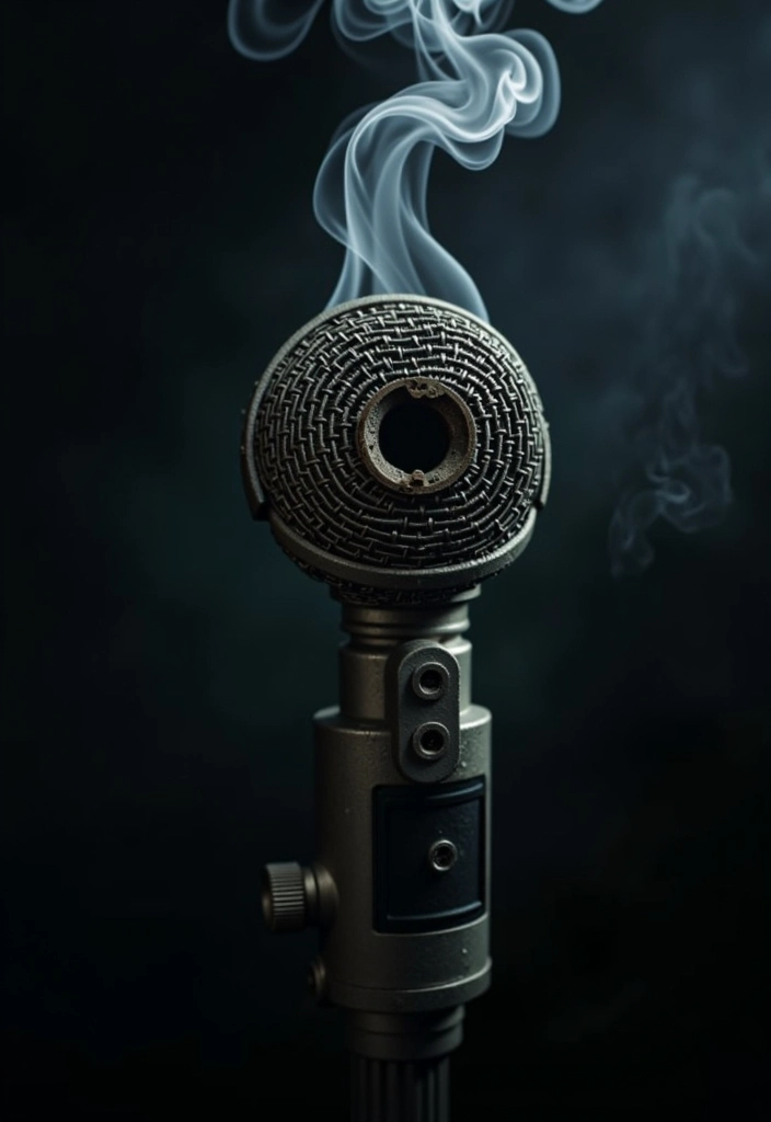 damaged microphone with a visible hole, smoke gently...