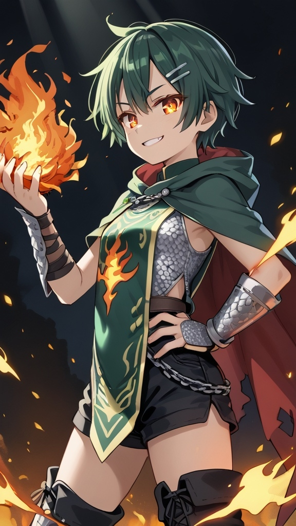 tomboy, green hair, warm lighting, playful scene,...