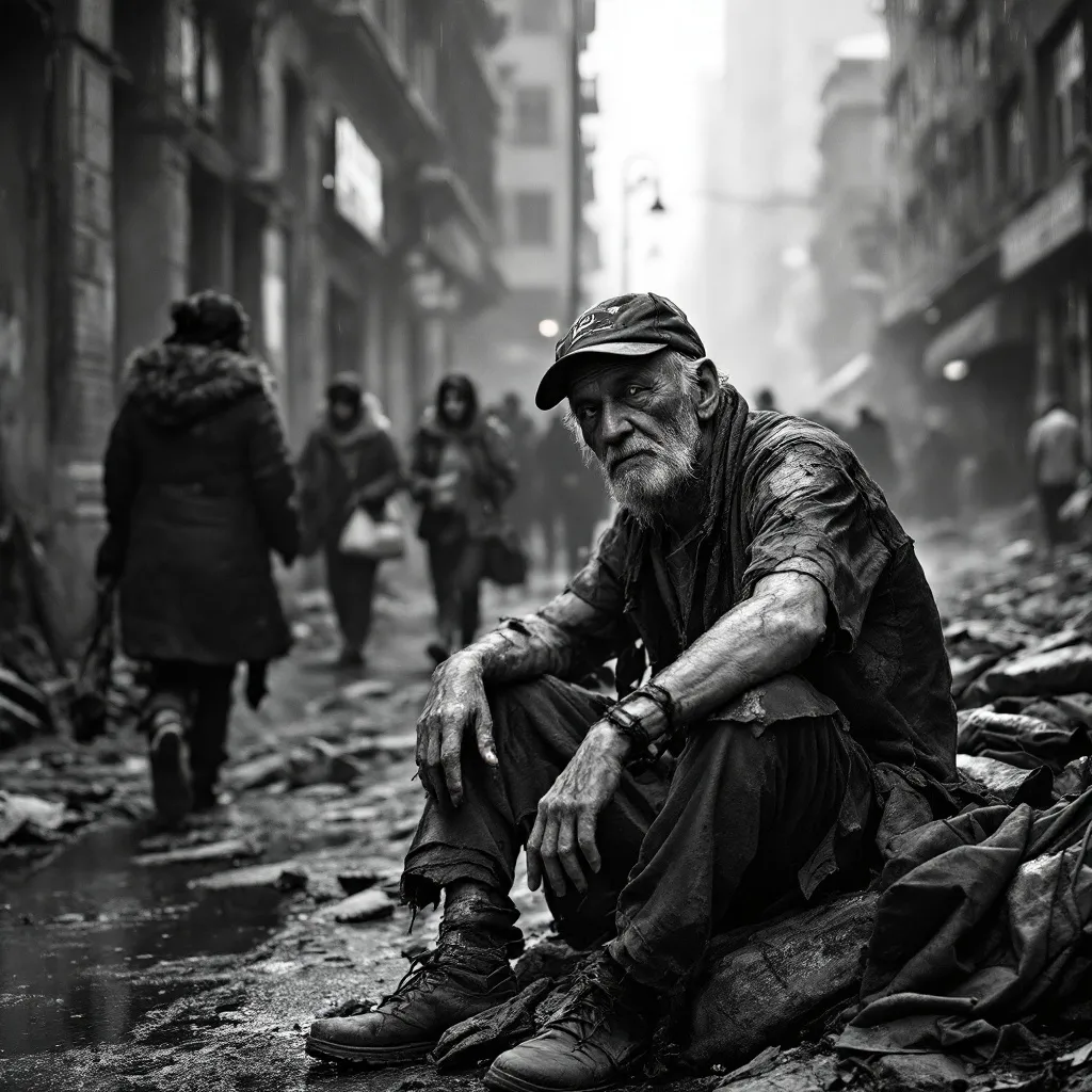 Homeless Vietnam veteran on a grimy street, wearing...