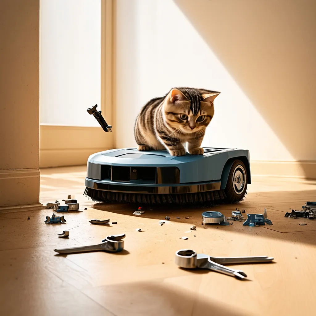 A curious cat, perched atop a sleek robotic floor sw...