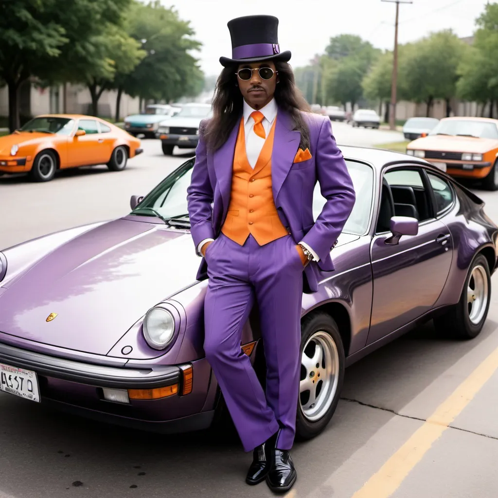A pimp with a purple suit, tie, pants, and shoes tha...