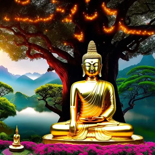Buddha sitting and smiling. Beautiful nature and for... | OpenArt