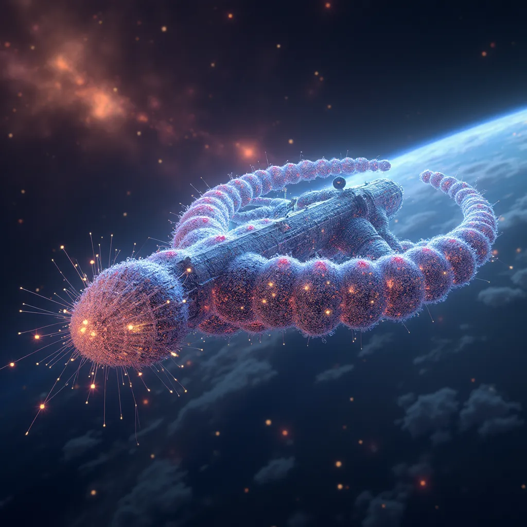 "Super Long Spaceship Orbiting Earth Like Fractals N...