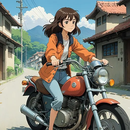 2d studio ghibli anime style, girl on motorcycle, an...