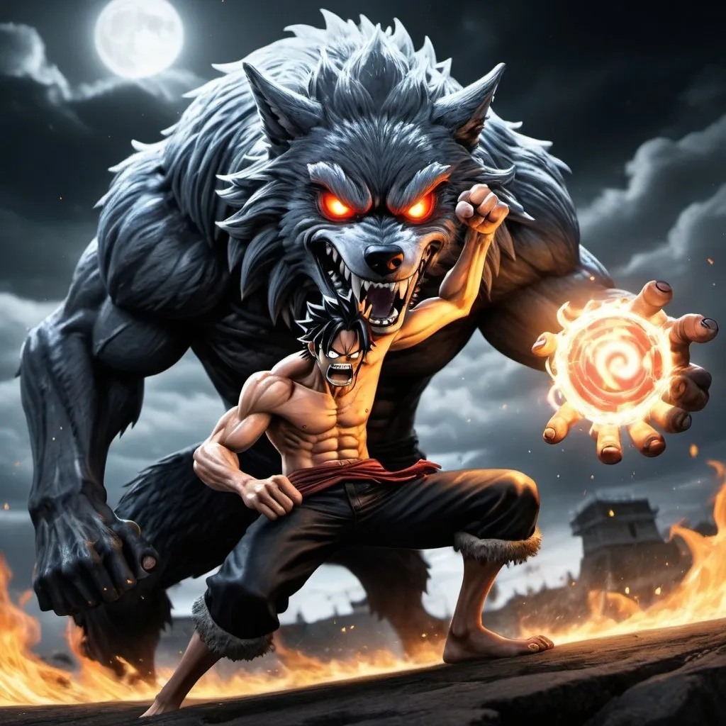 Ravenous Fenrir the wolf fighting luffy from one pie...