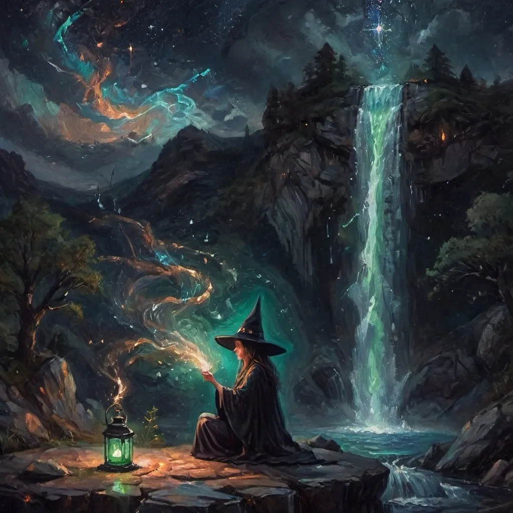 A mysterious witch in a dark cloak and pointed hat s...