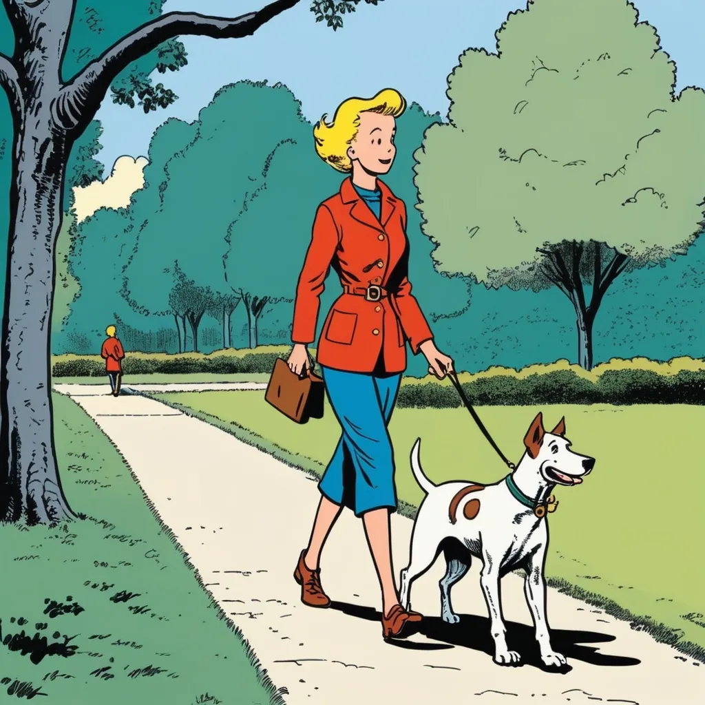 woman walking with her dog in a park, 2d comic book...