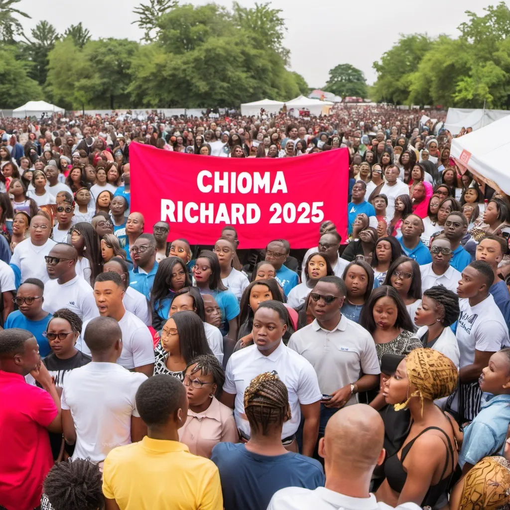 Crowd staring at a banner that states “Chioma X RICH...