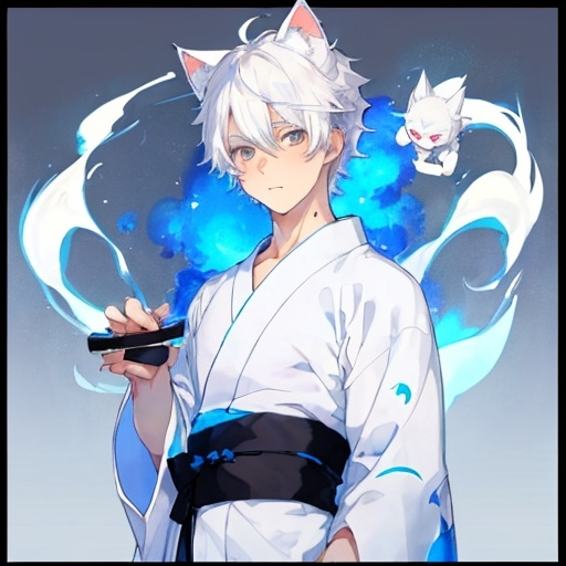 white hair boy, cat ear, handsome, skyblue yukata, c...