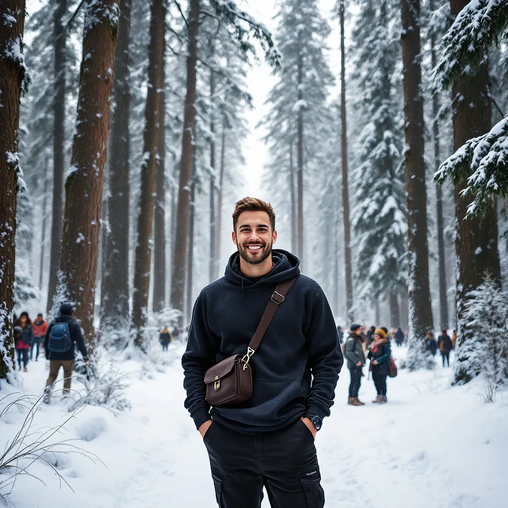 In a picturesque snow-covered forest, a man stands c...