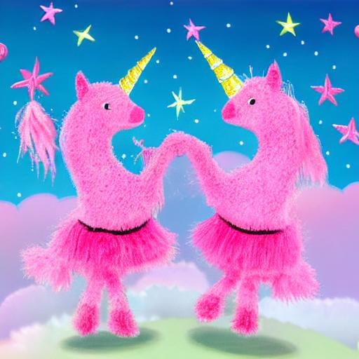 Pink fluffy unicorns dancing on rainbows
