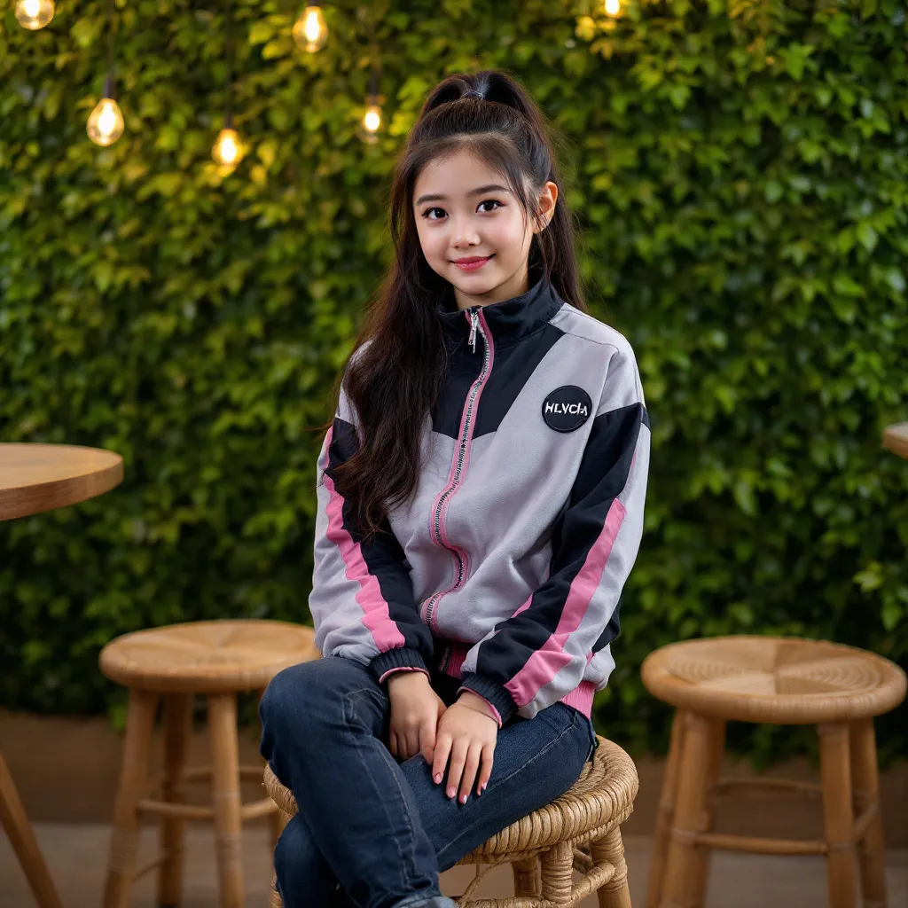 Seated casually on a woven stool, a young girl prese...