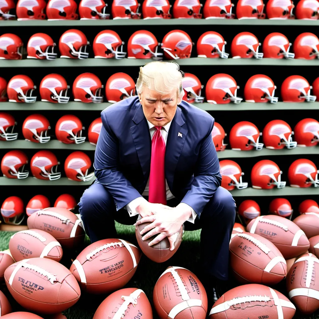 president trump wearing a football helmet sitting on...