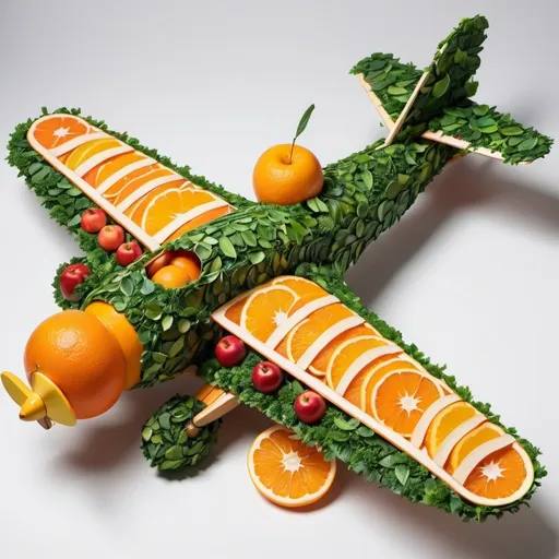 A realistic-style airplane made of sliced fruits lik...