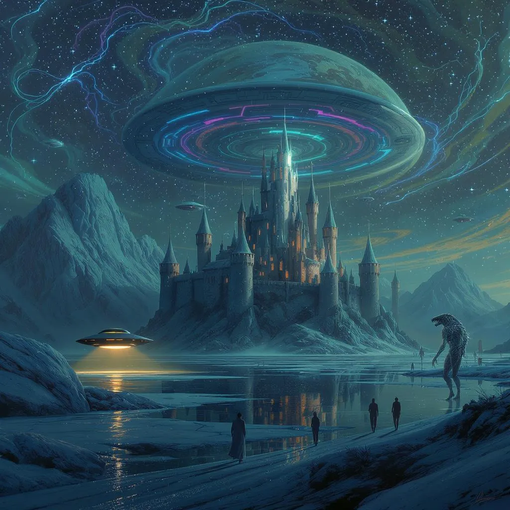 A medieval castle on an exoplanet, under a surreal a...
