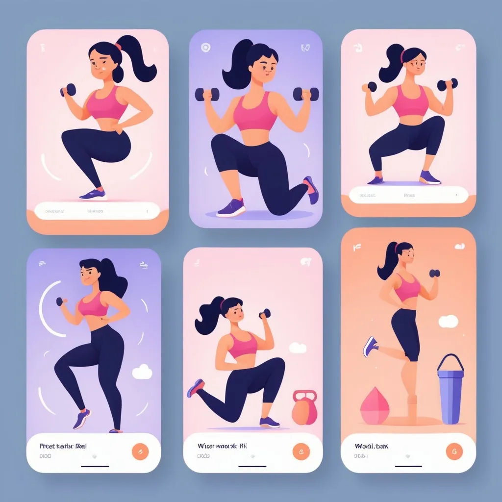 illustrations for a woman workout mobile app,flat de...